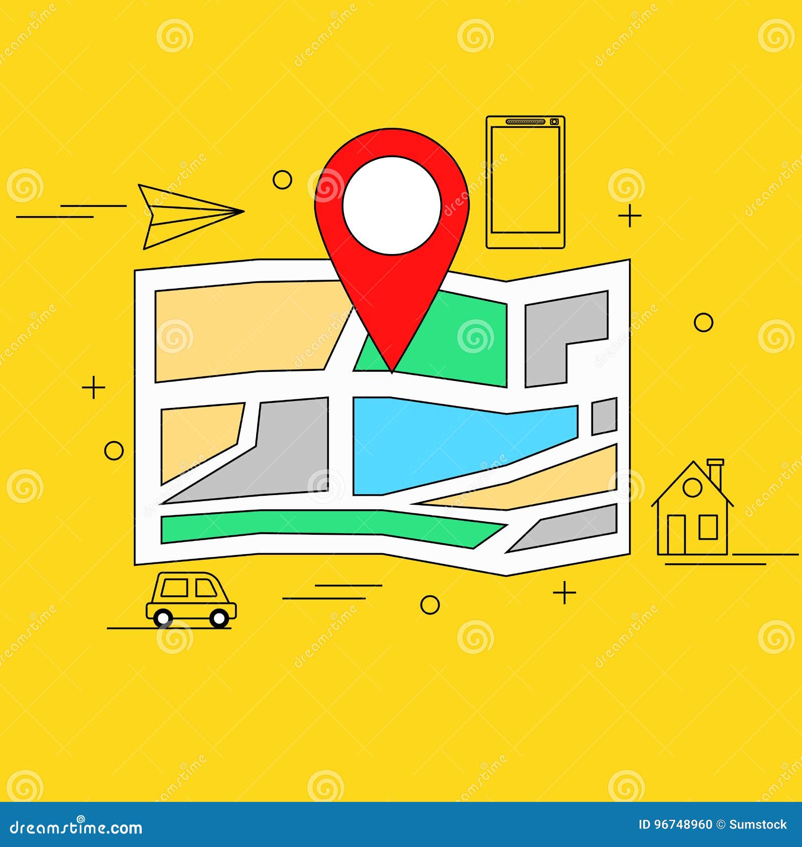 Map with Marker and Different Location Related Elements Stock Vector ...