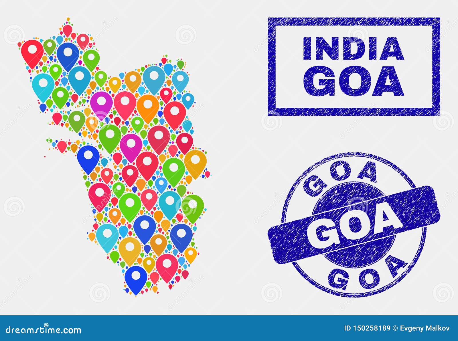 Map Markers Collage of Goa State Map and Scratched Seals Stock Vector ...
