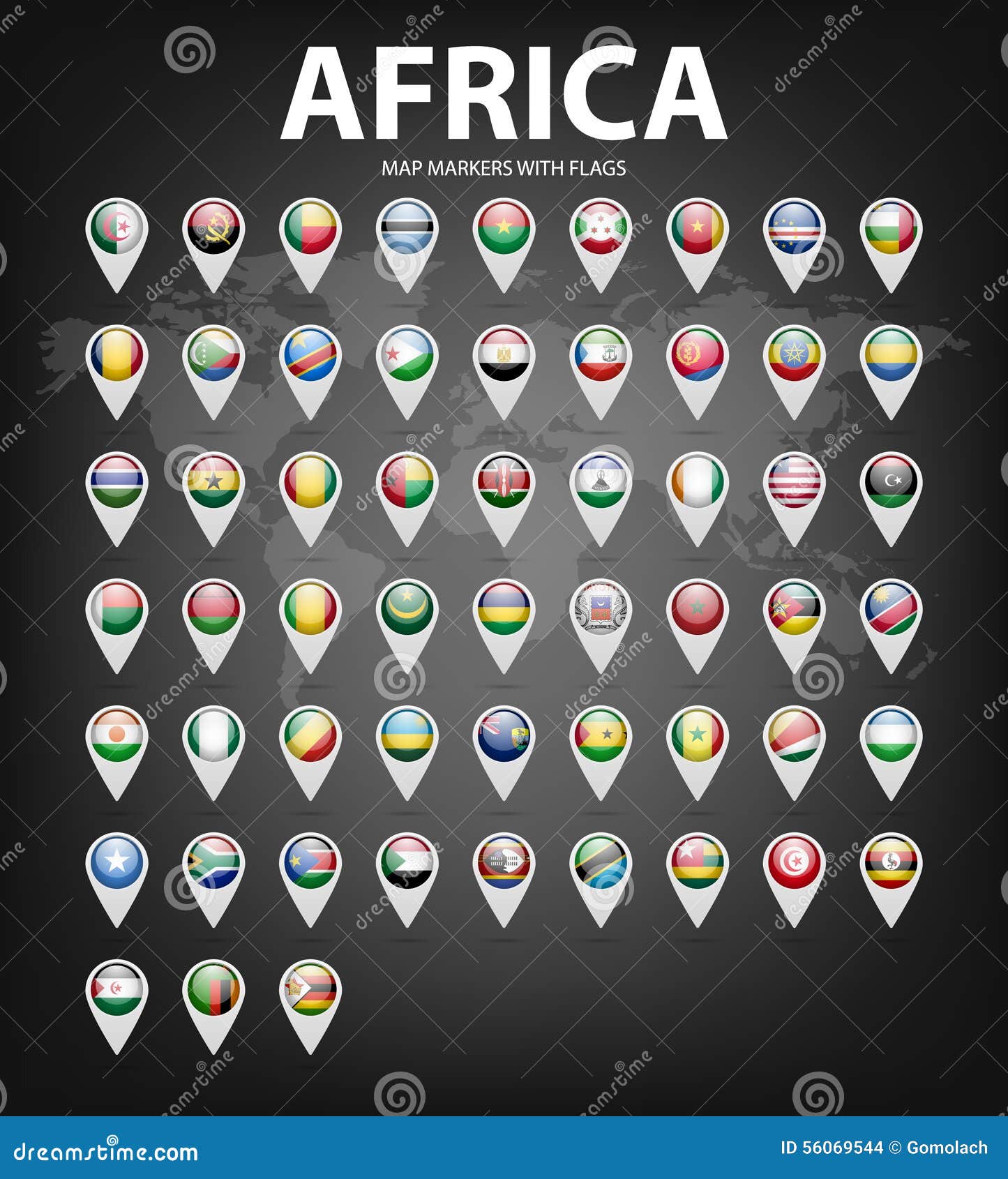 Map Markers With Flags Africa Original Colors Stock Vector