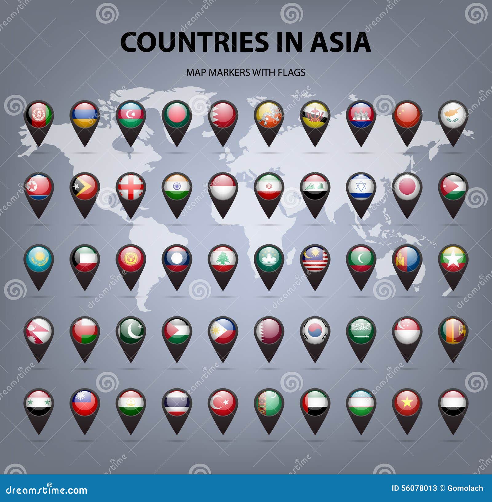 Map Markers with Flags - Asia. Original Colors Stock Vector ...