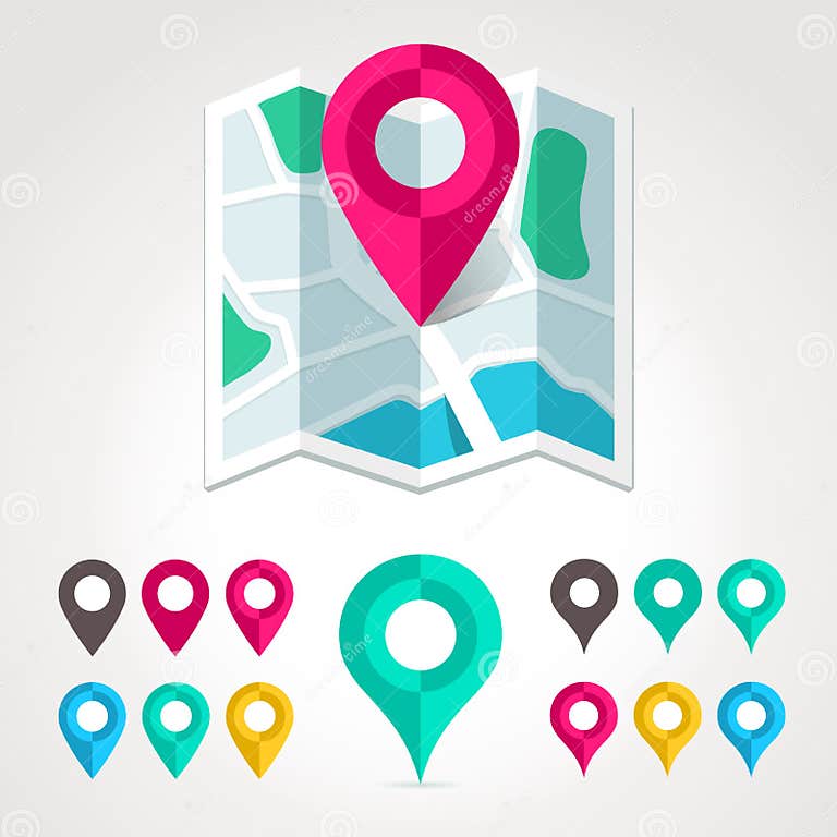 Map Markers and Flat Map Icon Stock Vector - Illustration of emerald ...