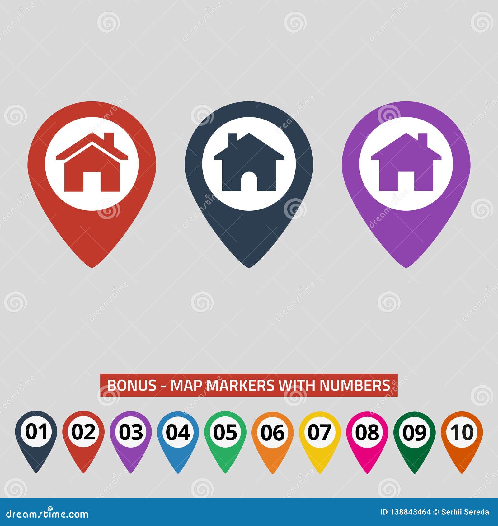 Map Markers with House on Grey Background Stock Illustration ...
