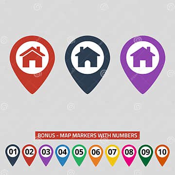 Map Markers with House on Grey Background Stock Illustration ...