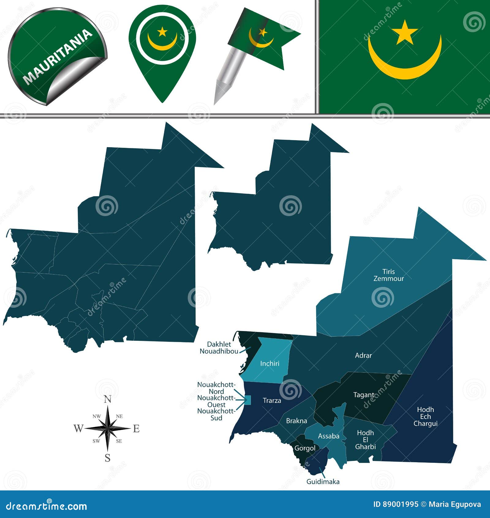 Map of Mauritania with Named Regions Stock Vector - Illustration of ...