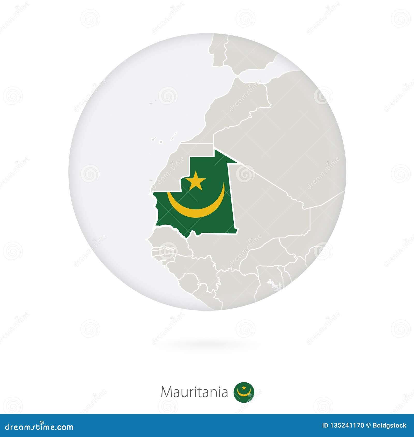 Map Of Mauritania And National Flag In A Circle Stock Vector