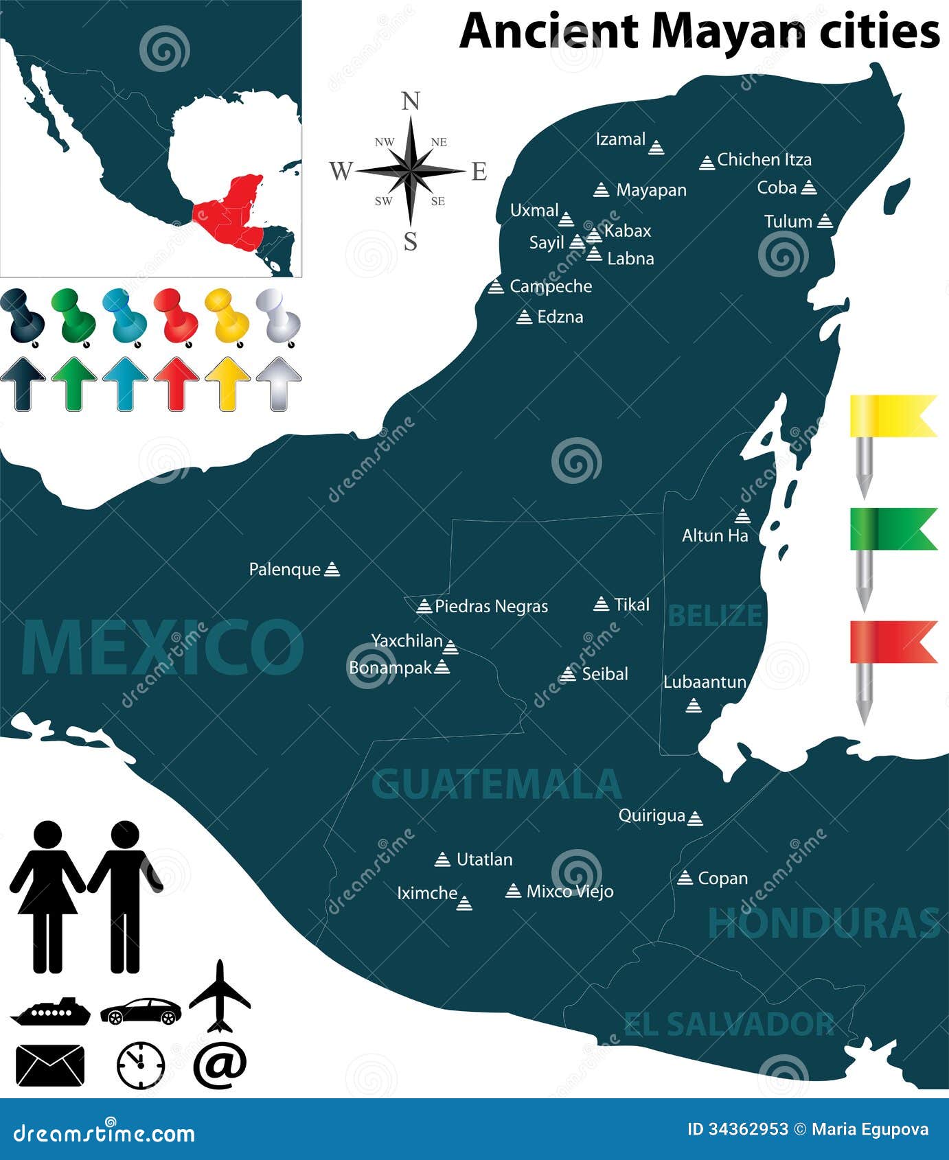Map Of The Mayan Cities With Ancient Calendar Cartoon Vector ...