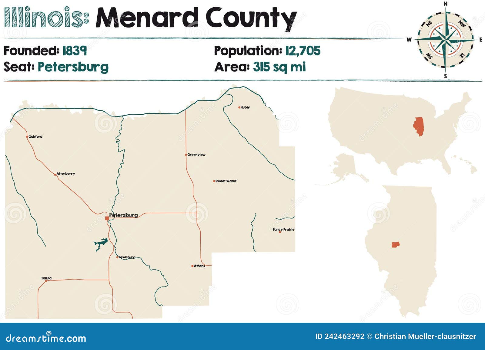 Map of Menard County in Illinois Stock Vector - Illustration of highway ...