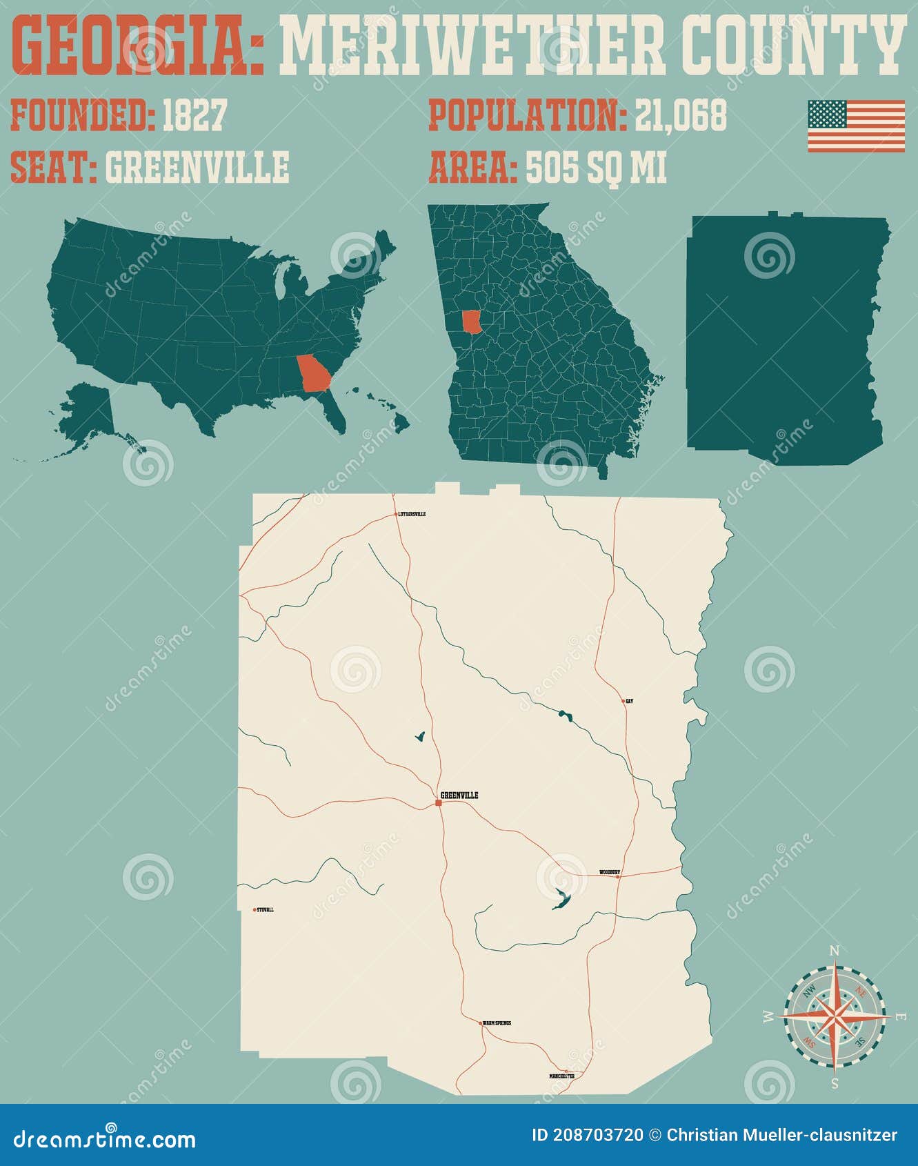 Map of Meriwether County in Georgia Stock Vector - Illustration of ...