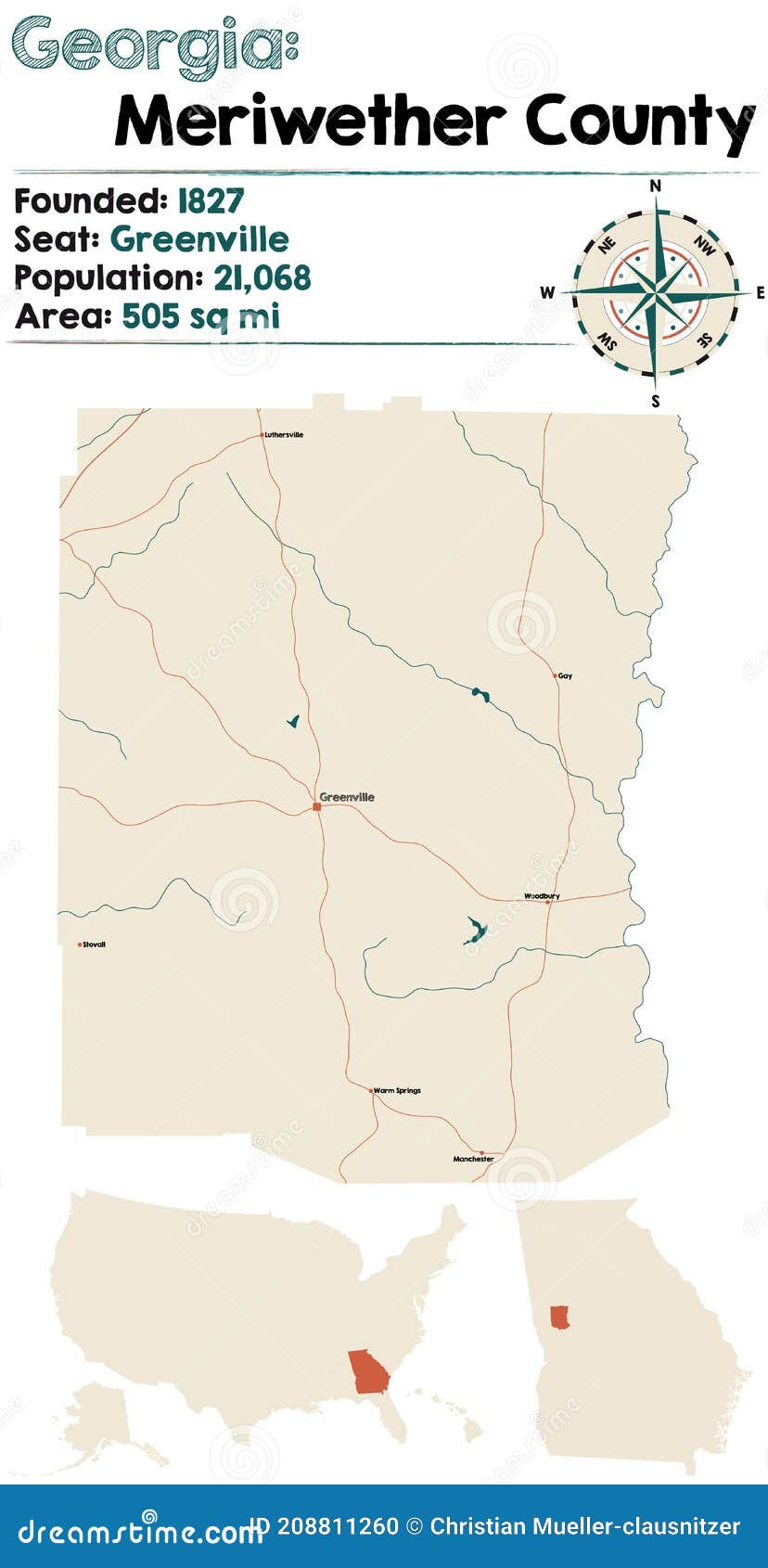Map Of Meriwether County In Georgia State On White Background. Single ...
