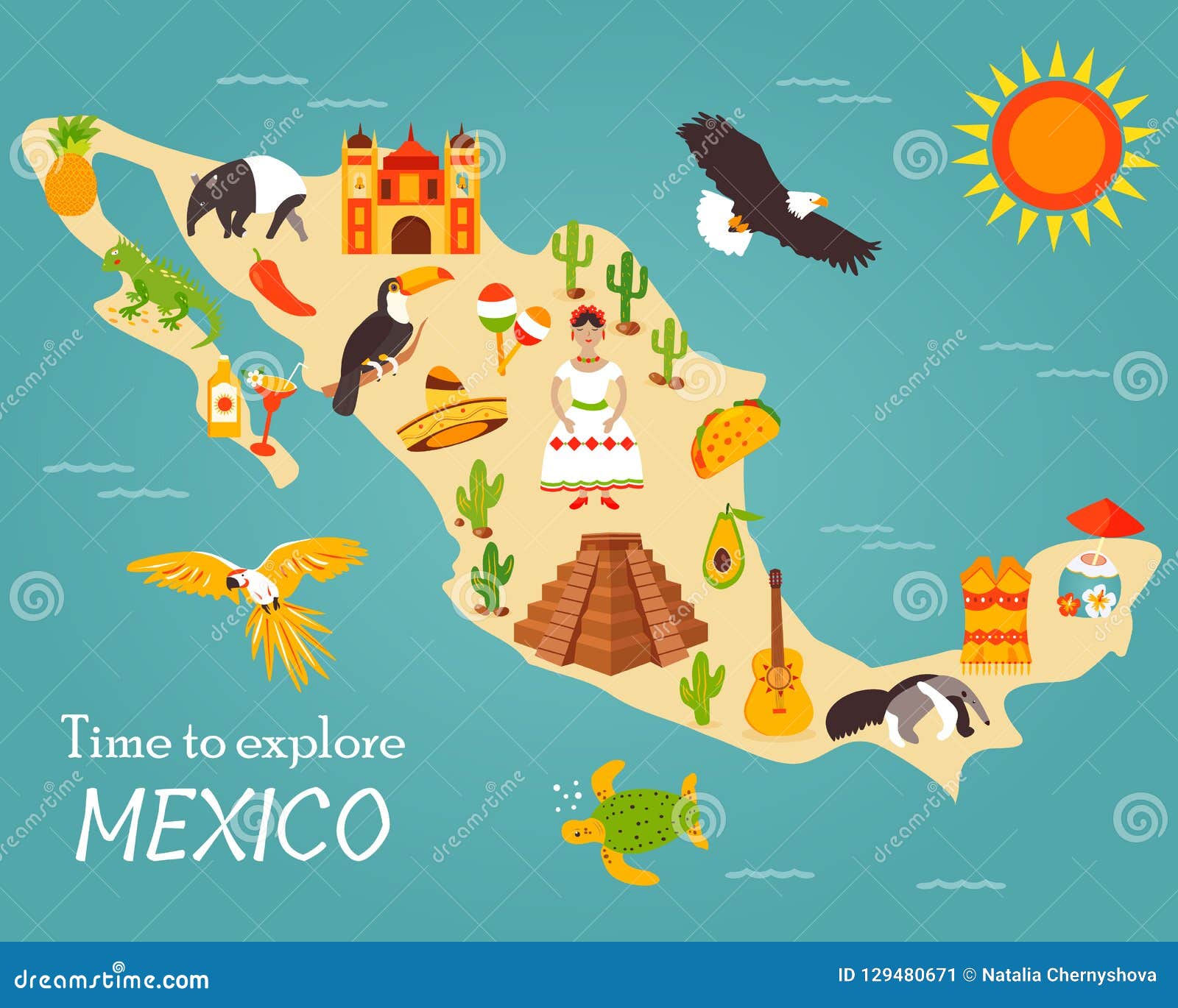 Map of Mexico with Destinations, Animals, Landmarks Stock Vector ...