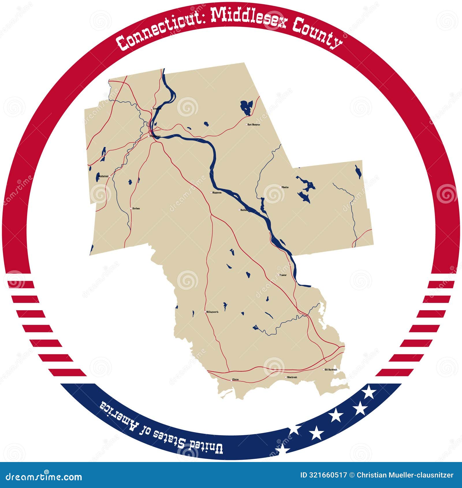 Map Of Middlesex County In Virginia State On White Background. Single ...