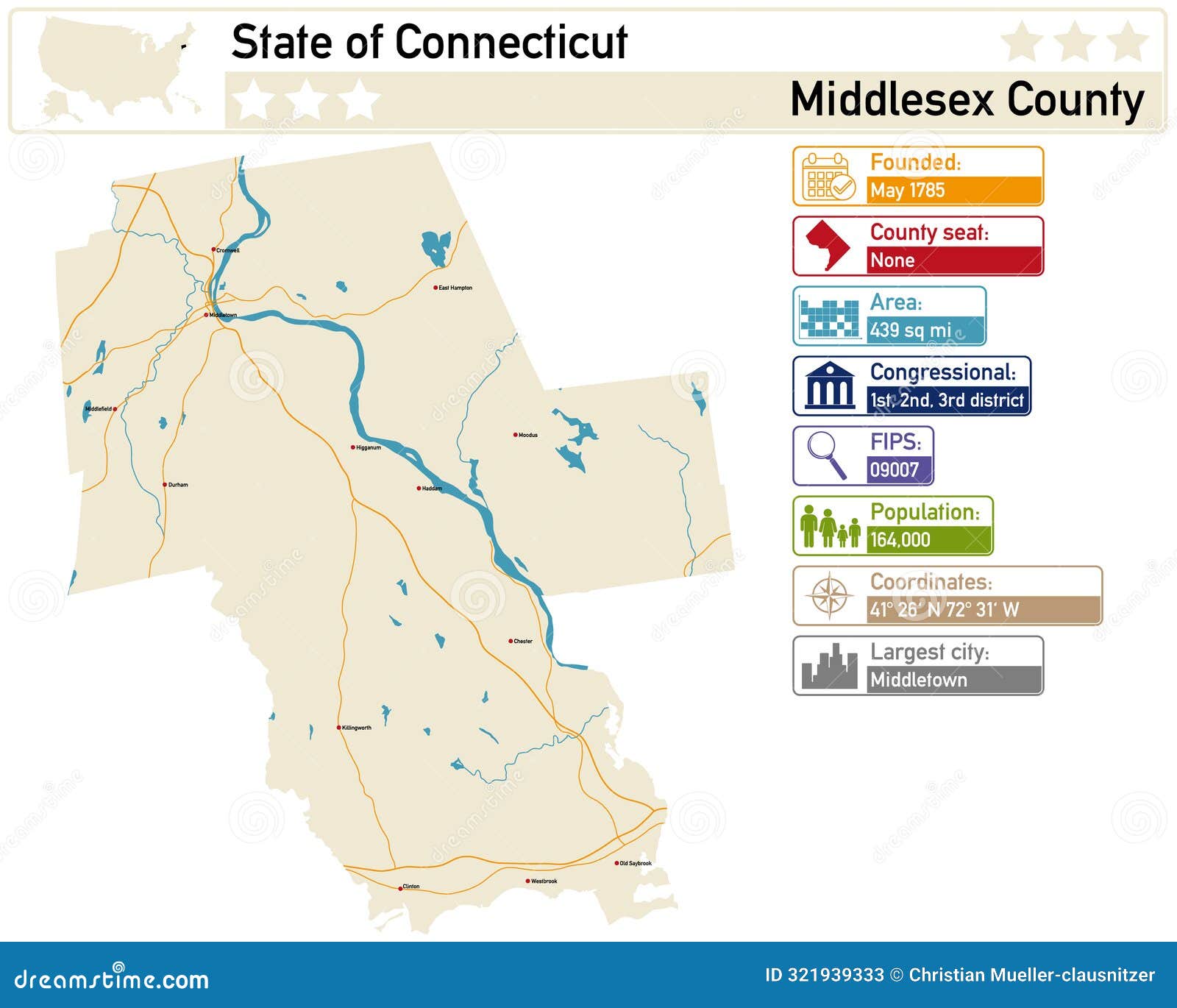 Map of Middlesex County in Connecticut USA Stock Vector - Illustration ...