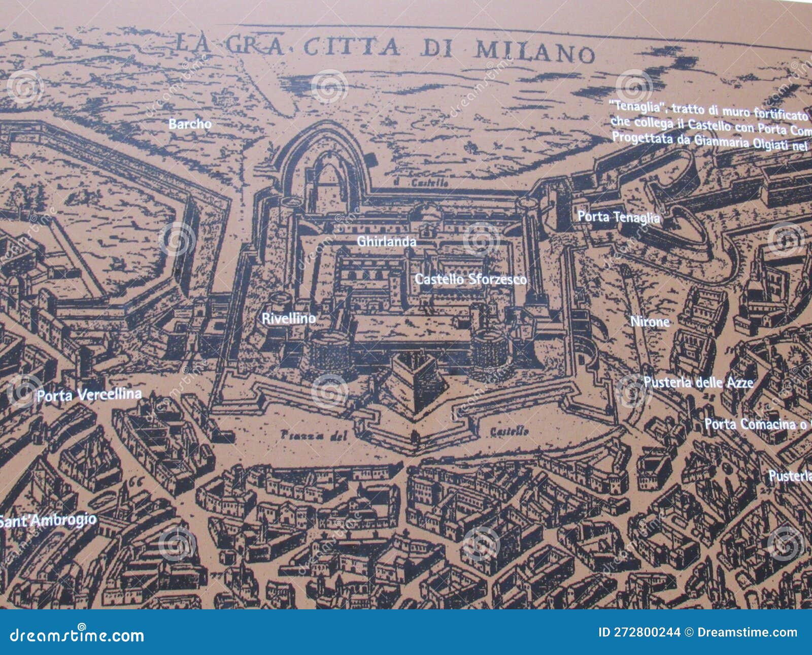 Map of Milan at the Sforzesco Castle. Stock Illustration - Illustration ...