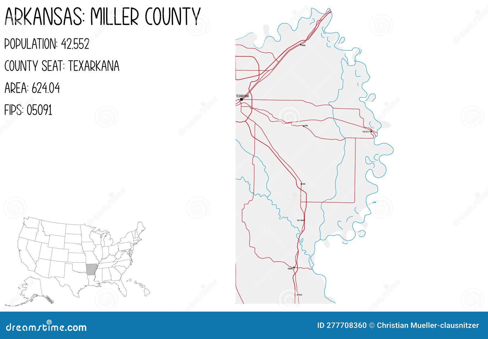 Map of Miller County in Arkansas, USA. Stock Vector - Illustration of ...