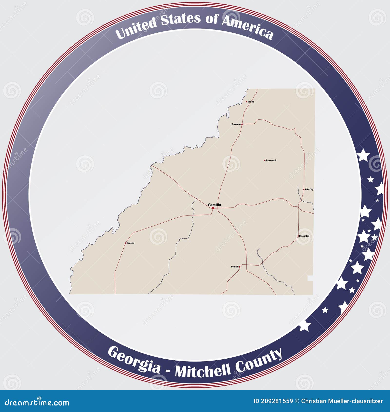 Map of Mitchell County in Georgia Stock Vector - Illustration of cities ...