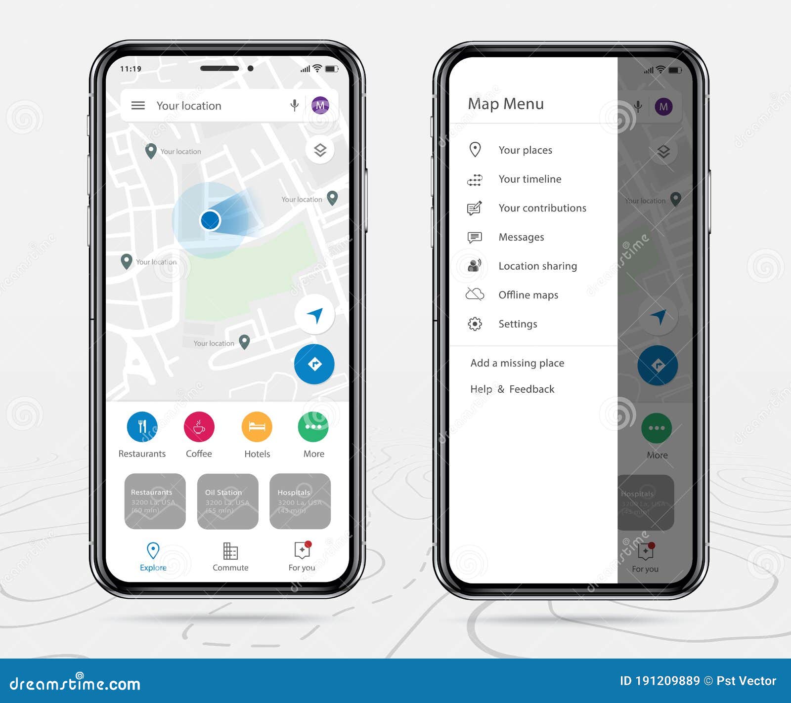 Mobile Map GPS, Smartphone Map Application and Menu Item on Screen, App ...