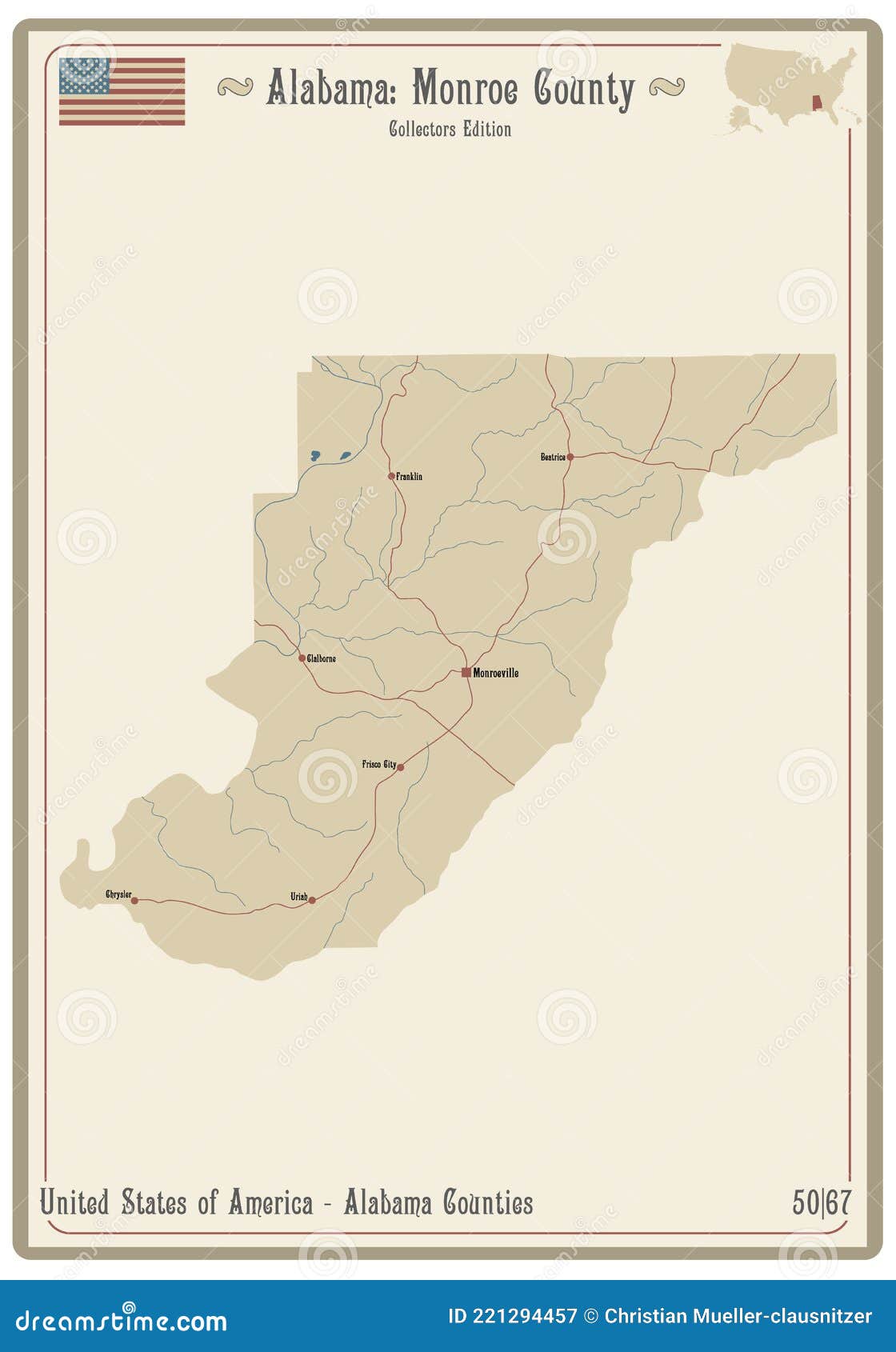 Map of Monroe County in Alabama Stock Vector - Illustration of blue ...