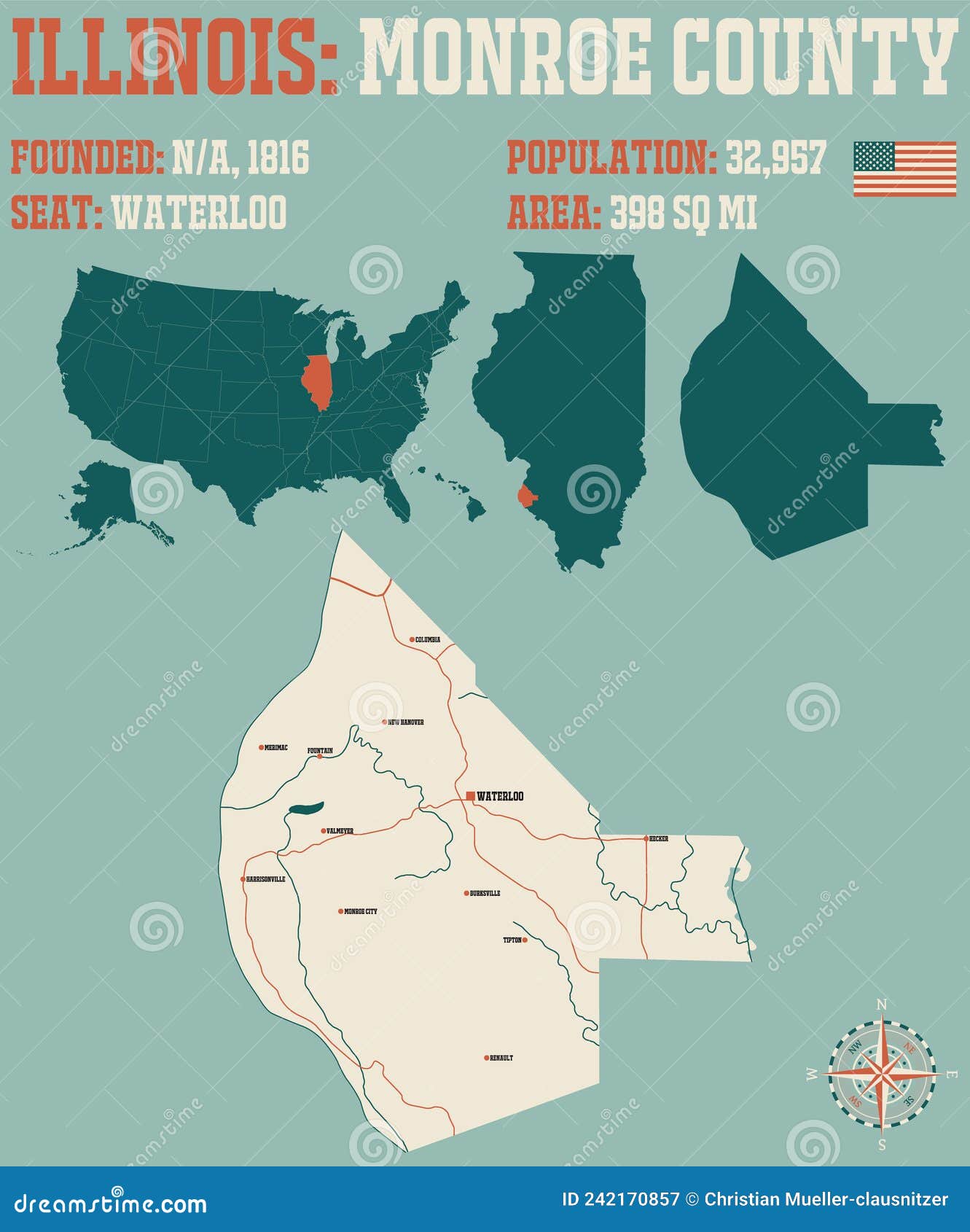 Map of Monroe County in Illinois Stock Vector - Illustration of nation ...