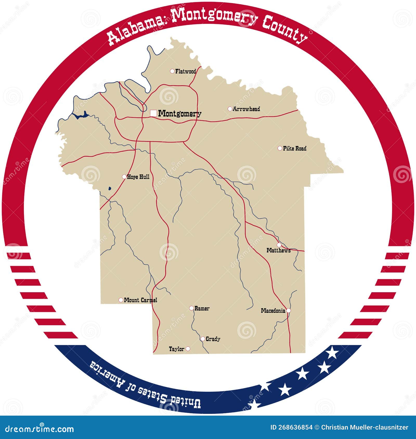 Map of Montgomery County in Alabama, USA. Stock Vector - Illustration ...