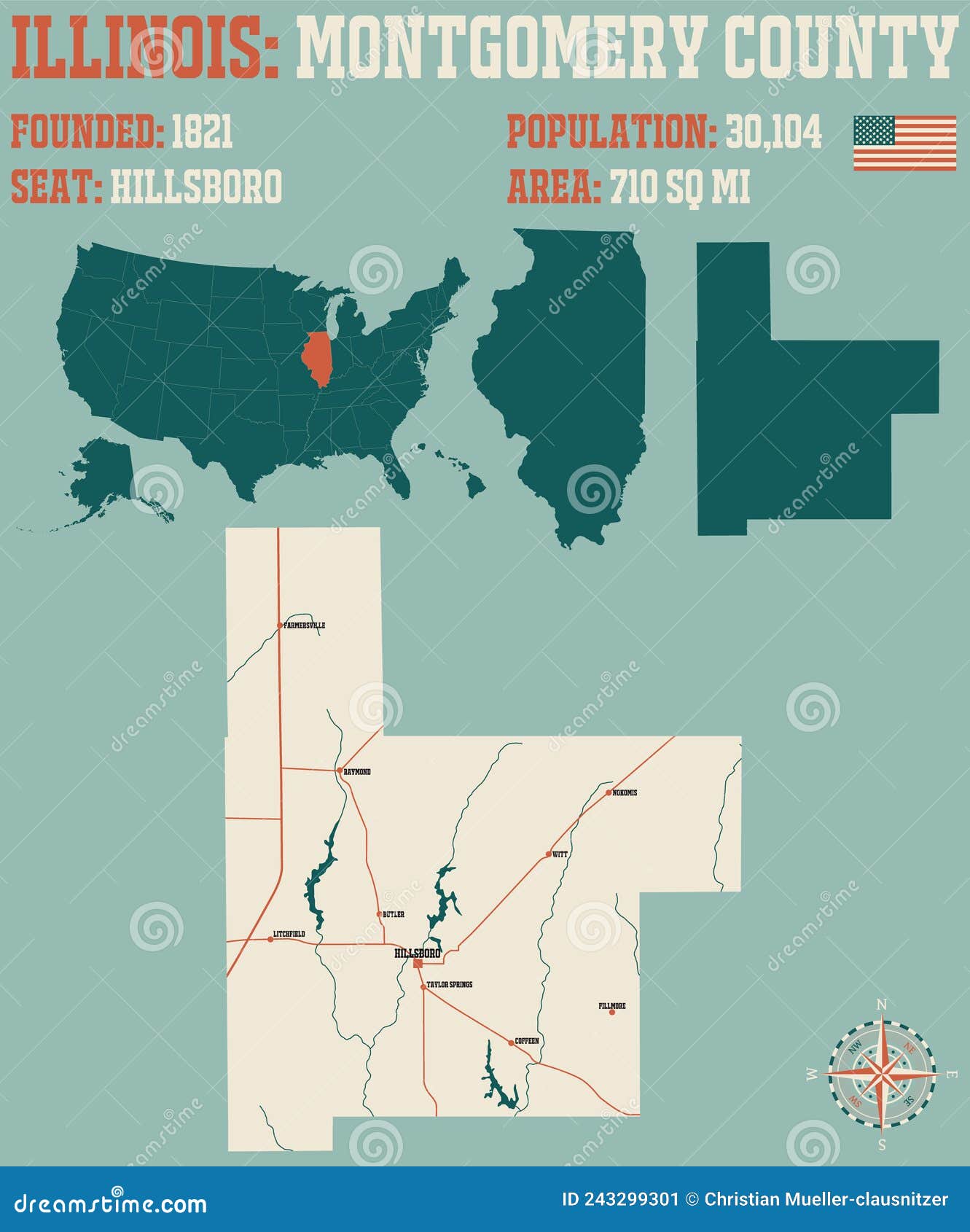 Map of Montgomery County in Illinois Stock Vector - Illustration of ...