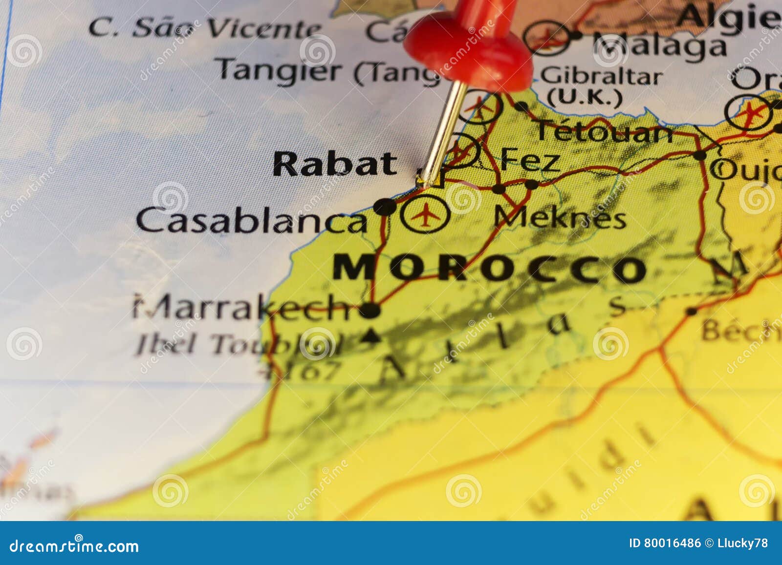 Map of Morocco, Pin on Capitol City Rabat. Stock Photo - Image of space ...