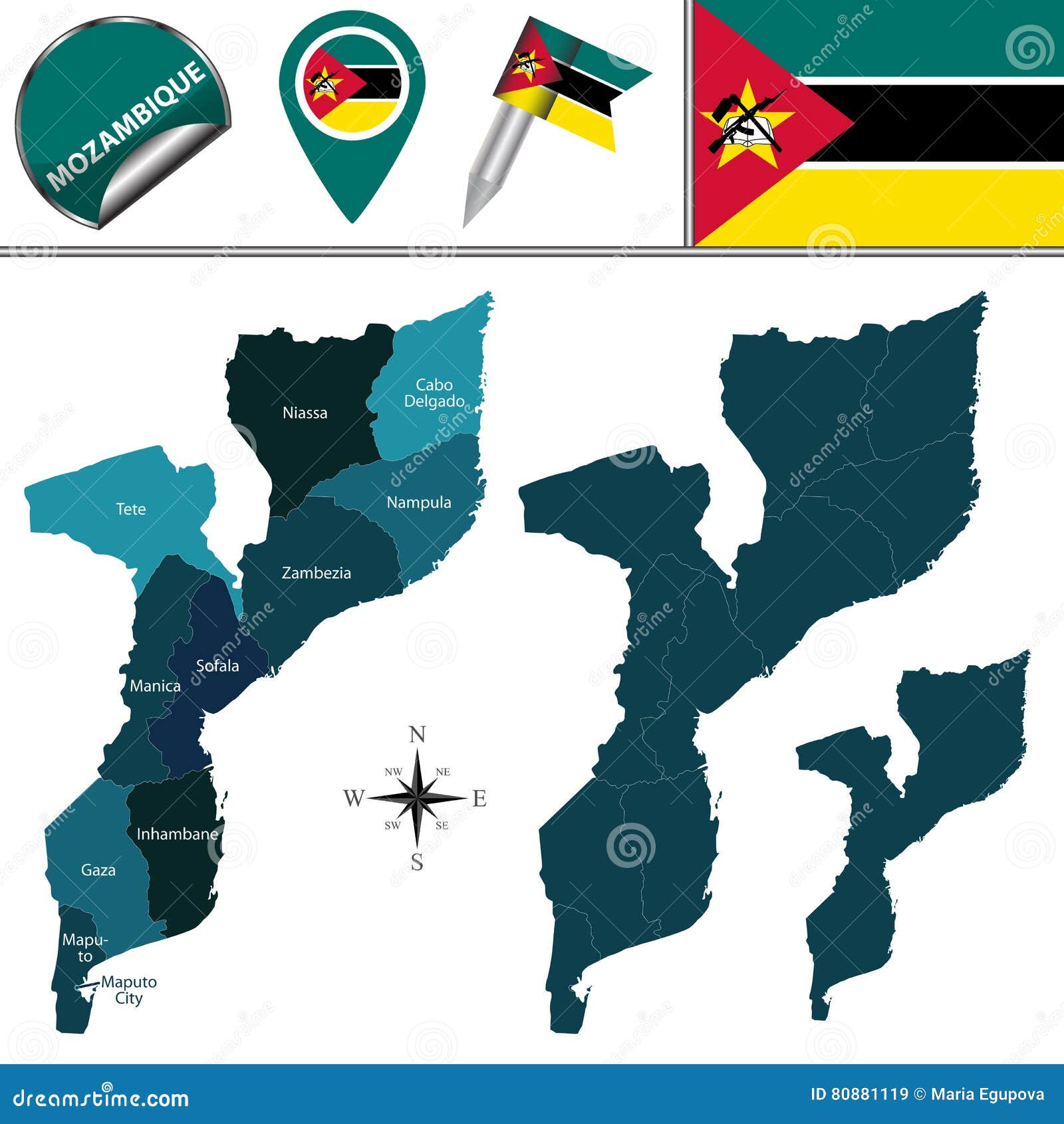 Map of Mozambique with Named Provinces Stock Vector - Illustration of ...