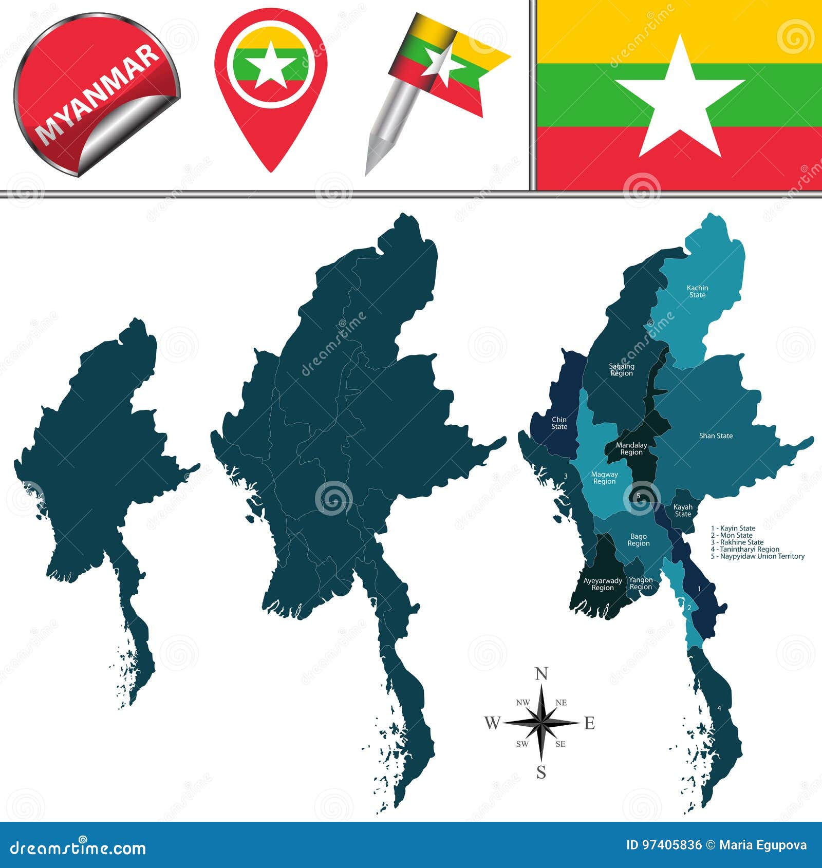 Map of Myanmar with Divisions Stock Vector - Illustration of asia ...