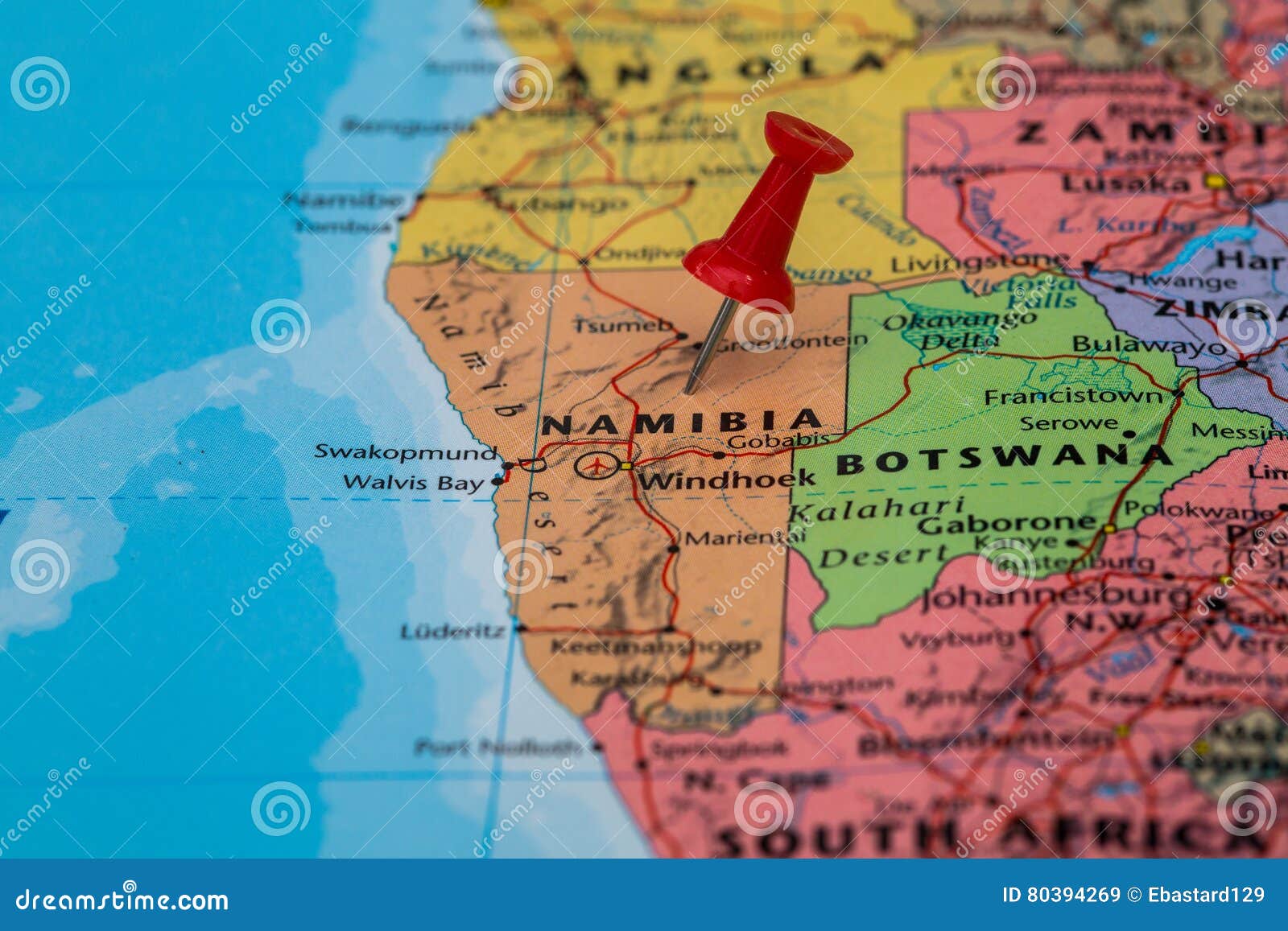 Map of Namibia with a Red Pushpin Stuck Stock Image - Image of book ...
