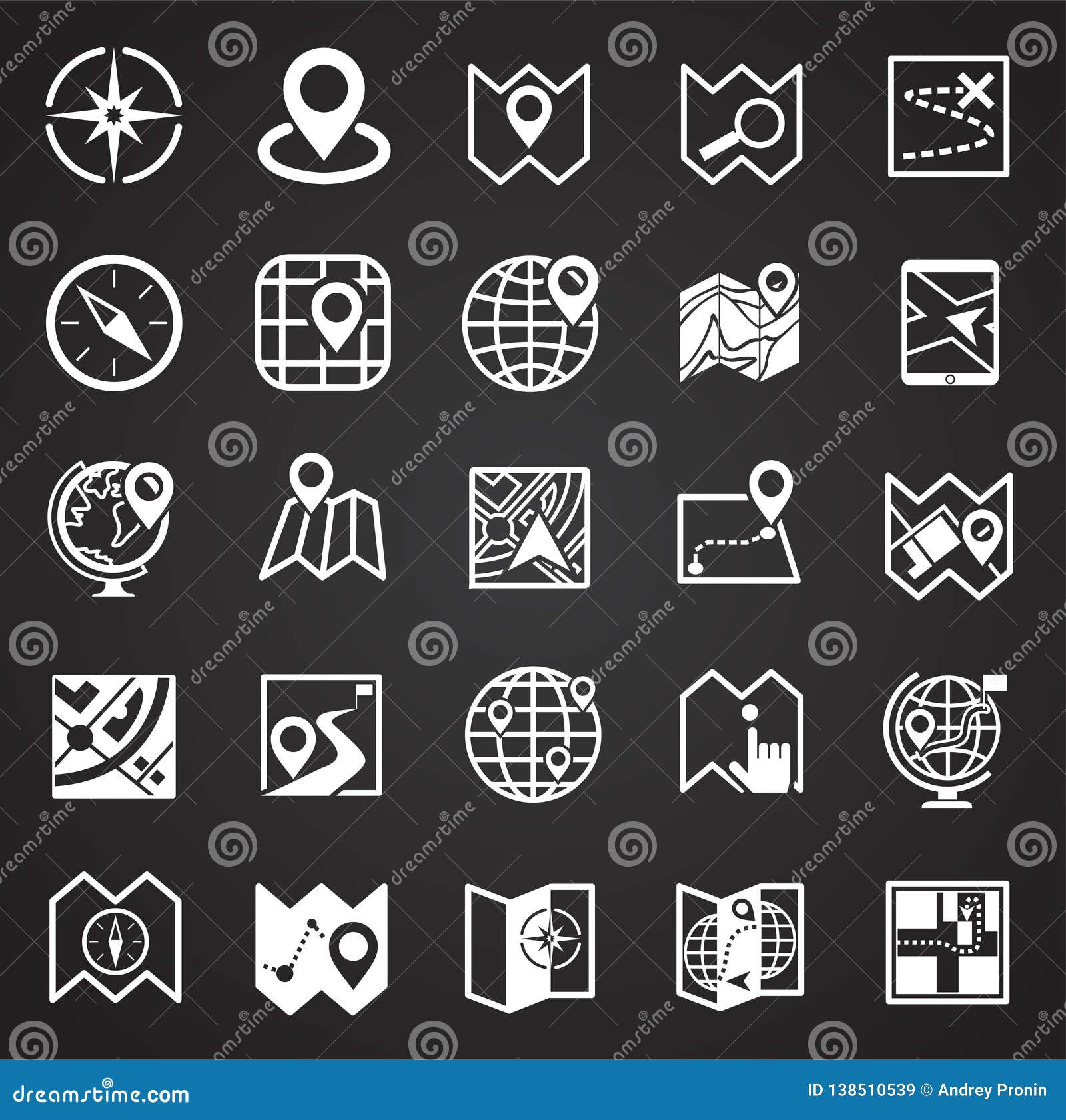 Map and Navigation Icons Set on Black Background for Graphic and Web ...