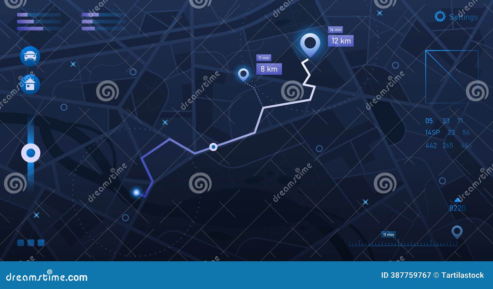 Map Navigation Interface. Mobile App Dashboard With City Map And Street Plan, Location Tracking ...