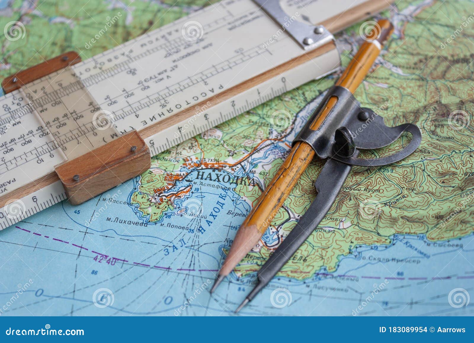 Map and Navigational Instruments for Laying the Way Stock Photo - Image ...