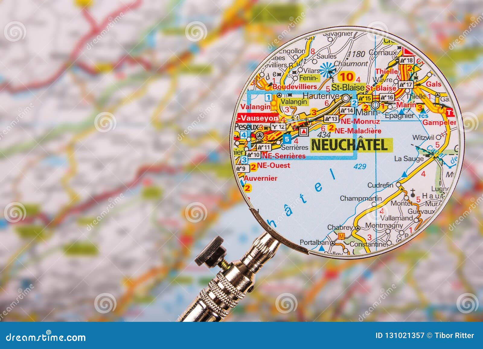 Map of Neuchatel with Magnifying Glass on Table Stock Image - Image of ...