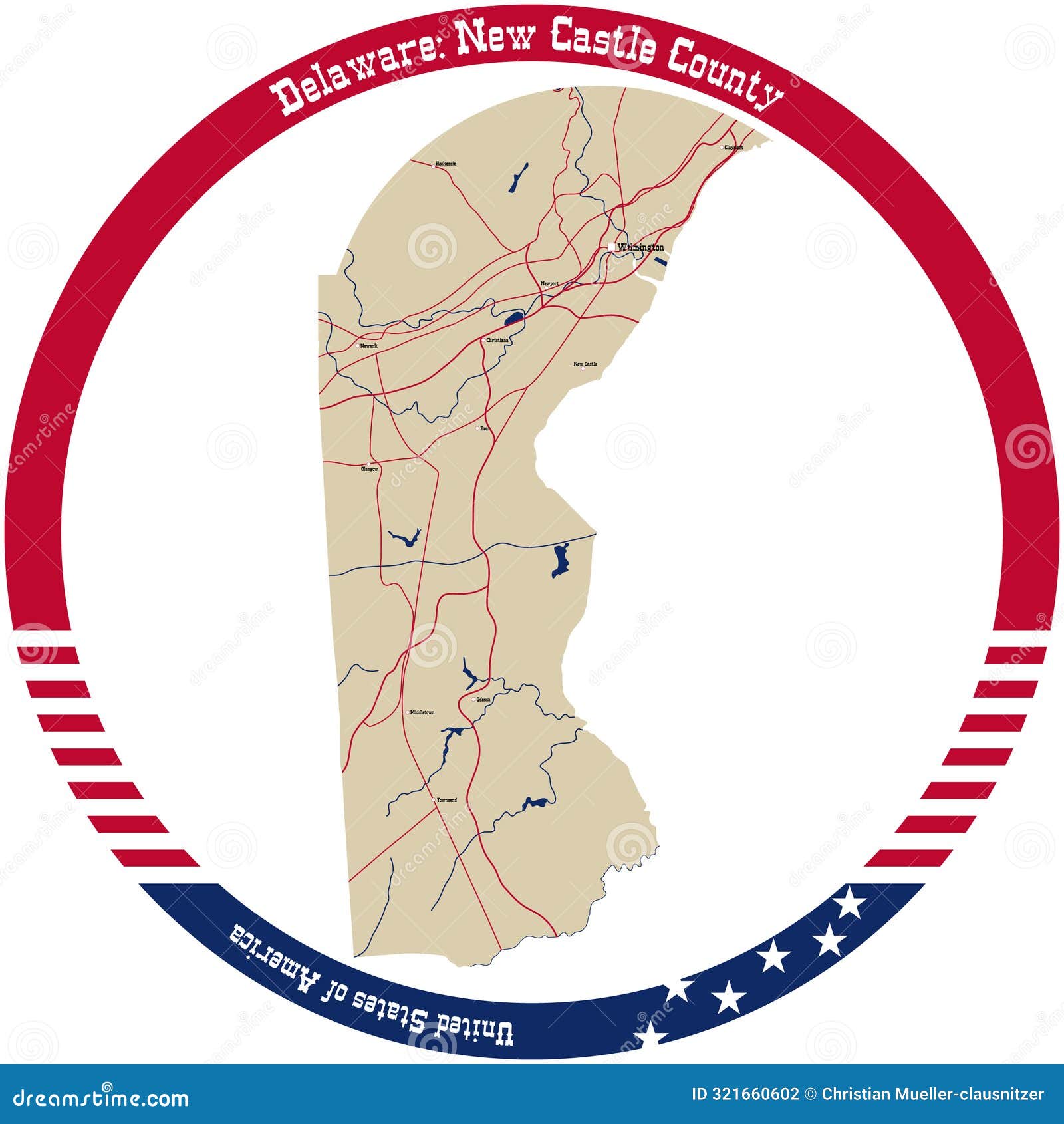 Map of New Castle County in Delaware, USA Stock Vector - Illustration ...