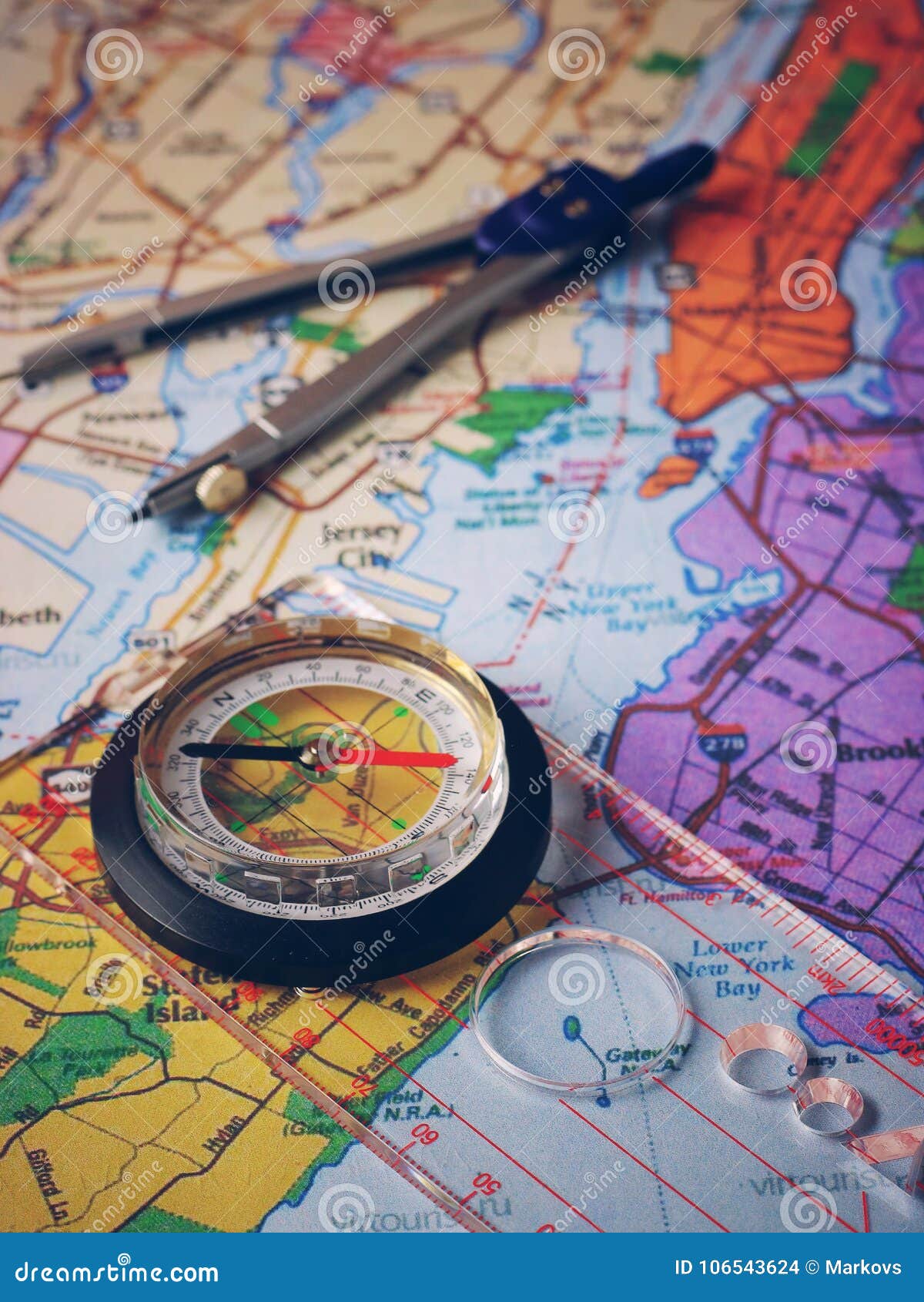 Map Of New York. On The Map Is A Compass And Compasses. Measuring The ...