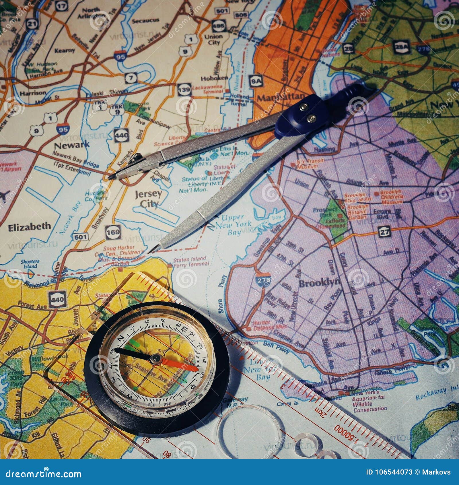 Map Of New York. On The Map Is A Compass And Compasses. Measuring The ...