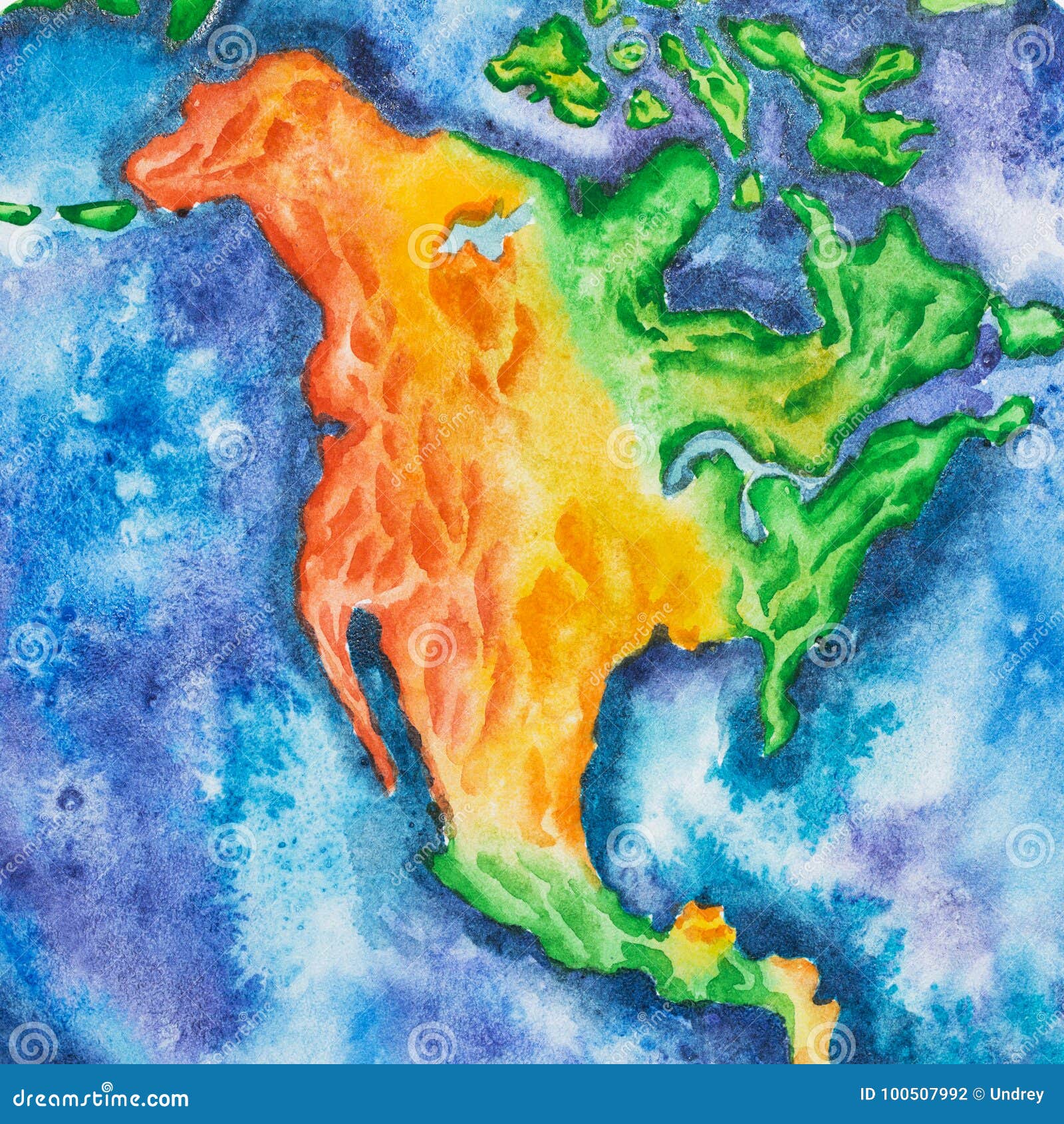 Map. North America Hand-drawn with Watercolor Technique Stock ...