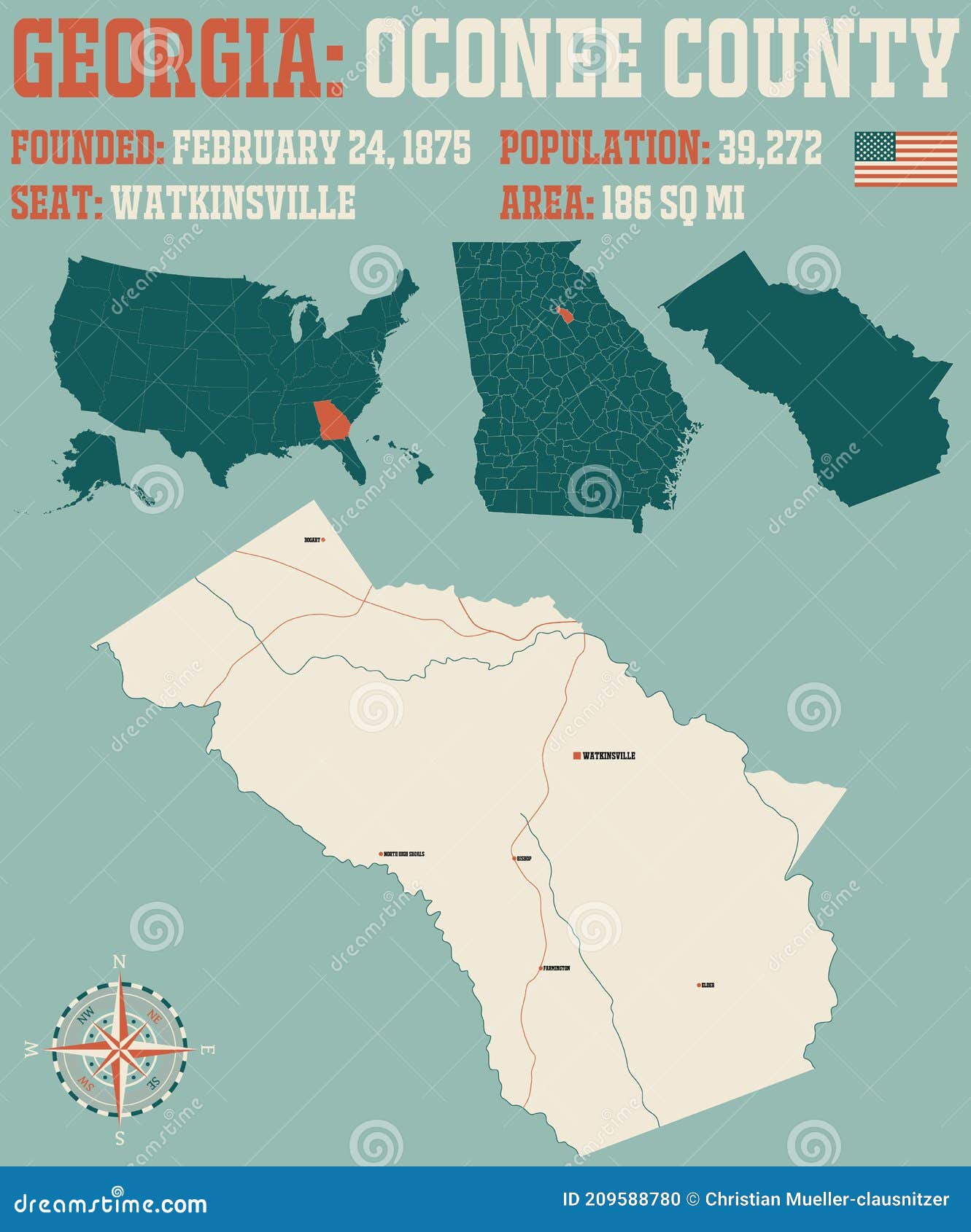 Map of Oconee County in Georgia Stock Vector - Illustration of roads ...