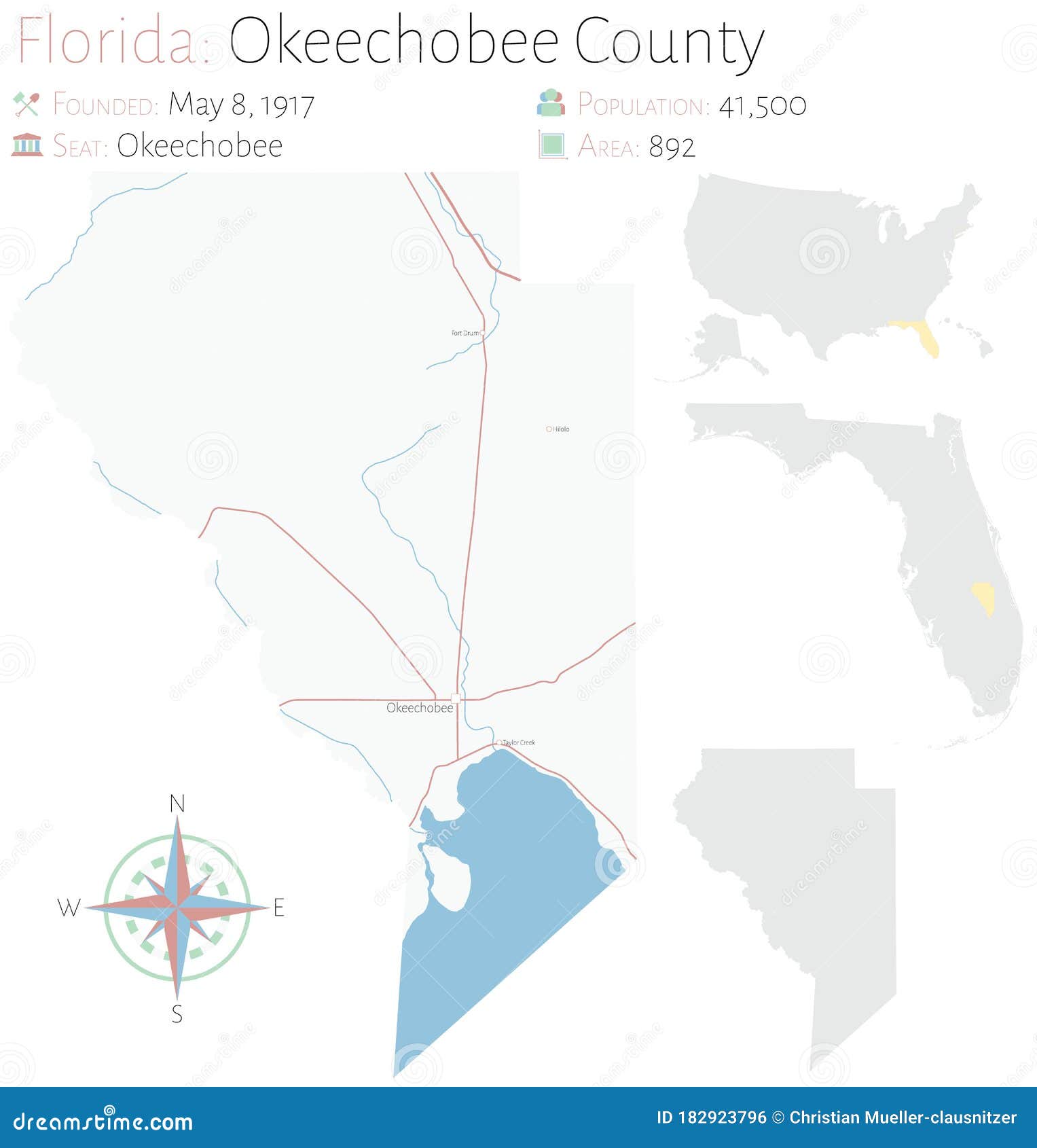Map of Okeechobee County in Florida Stock Vector - Illustration of american, state: 182923796