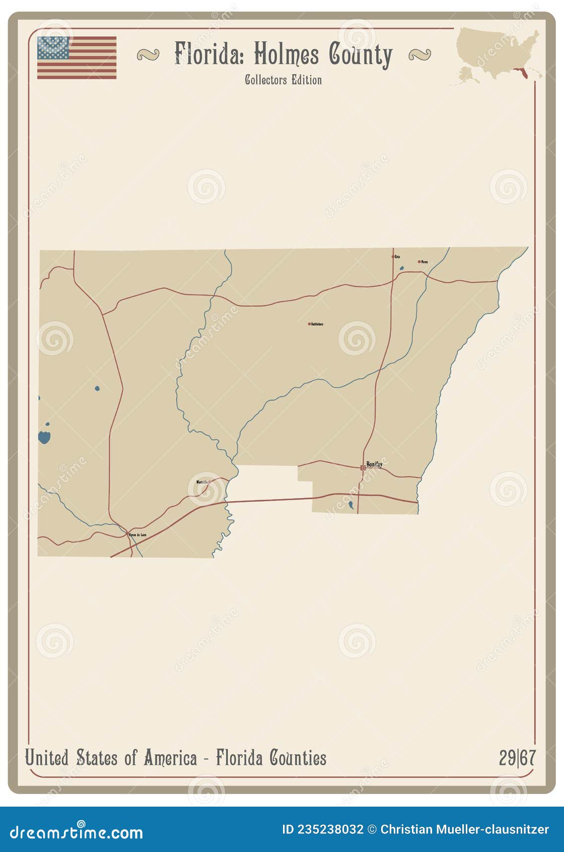 Map of Holmes County in Florida Stock Vector - Illustration of lakes ...