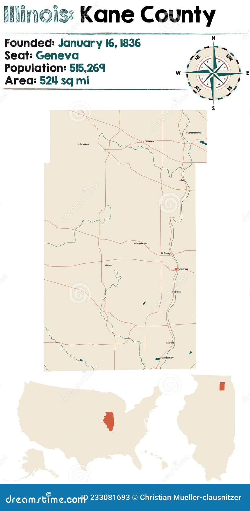 Map of Kane County in Illinois Stock Vector - Illustration of ...