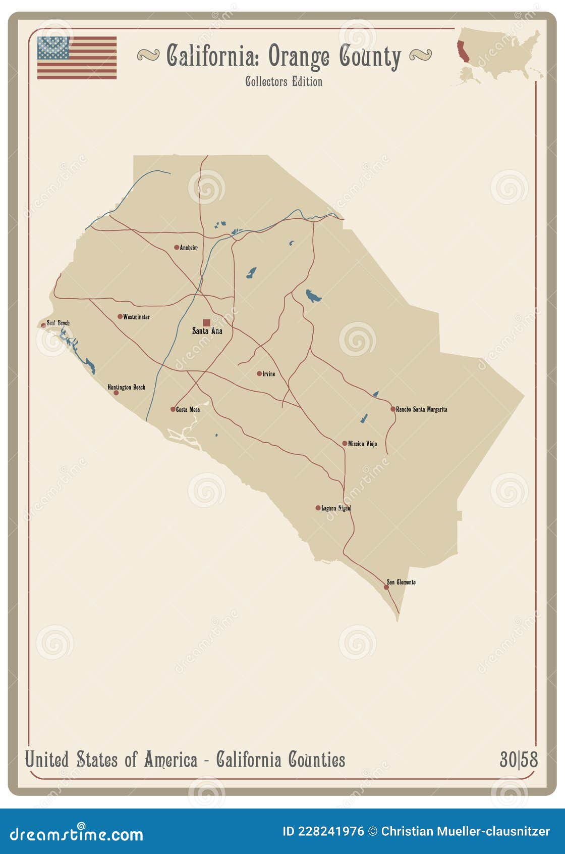 Map of Orange County in California Stock Vector - Illustration of blue ...