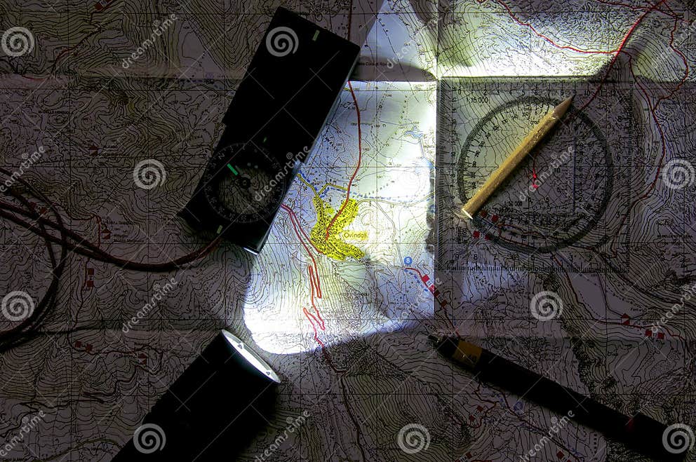 Map and Orientation in Night View Stock Image - Image of field, compass ...