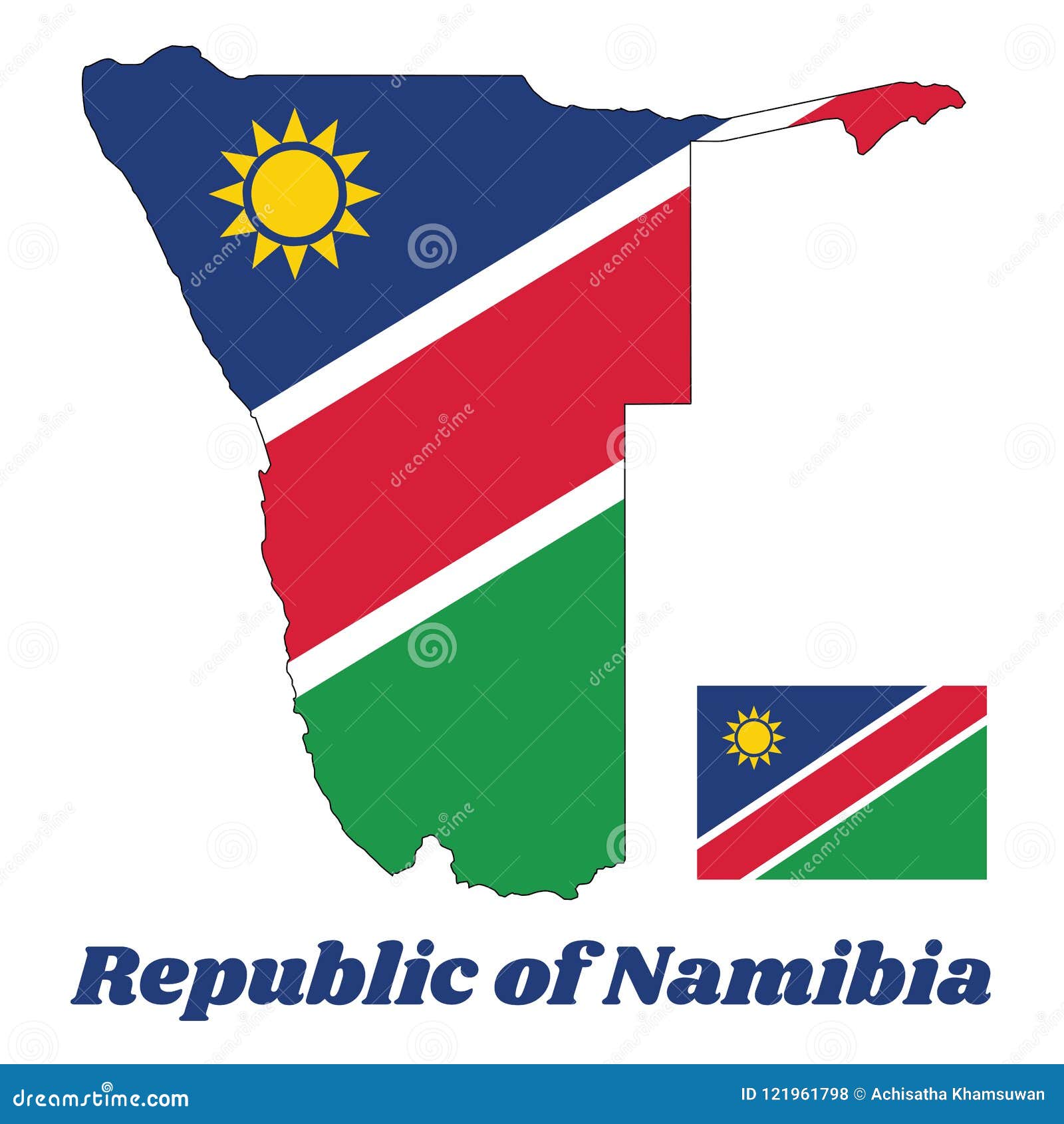 Map Outline and Flag of Namibia, a White-edged Red Diagonal Band ...