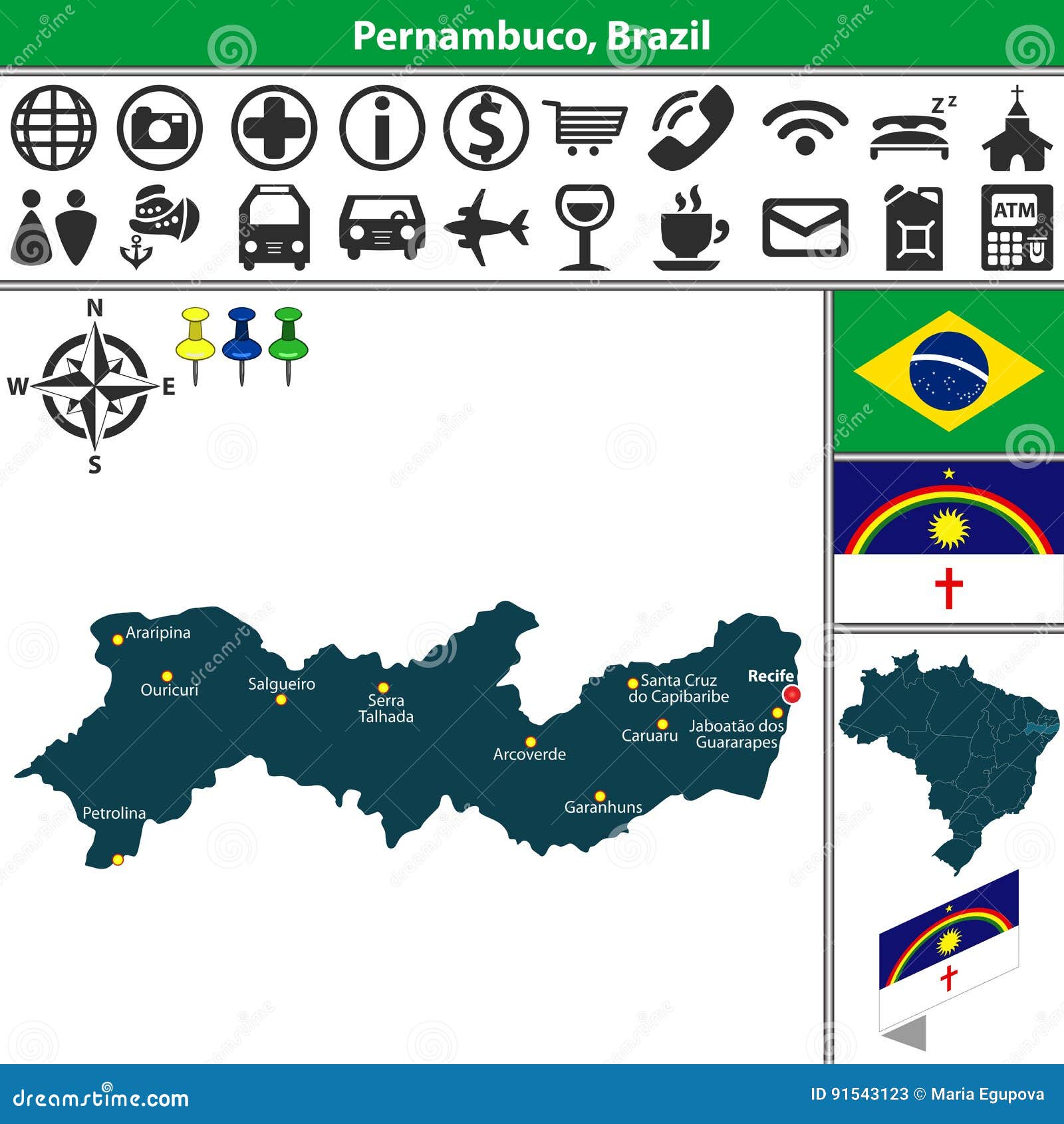 Map of Pernambuco, Brazil stock vector. Illustration of button - 91543123