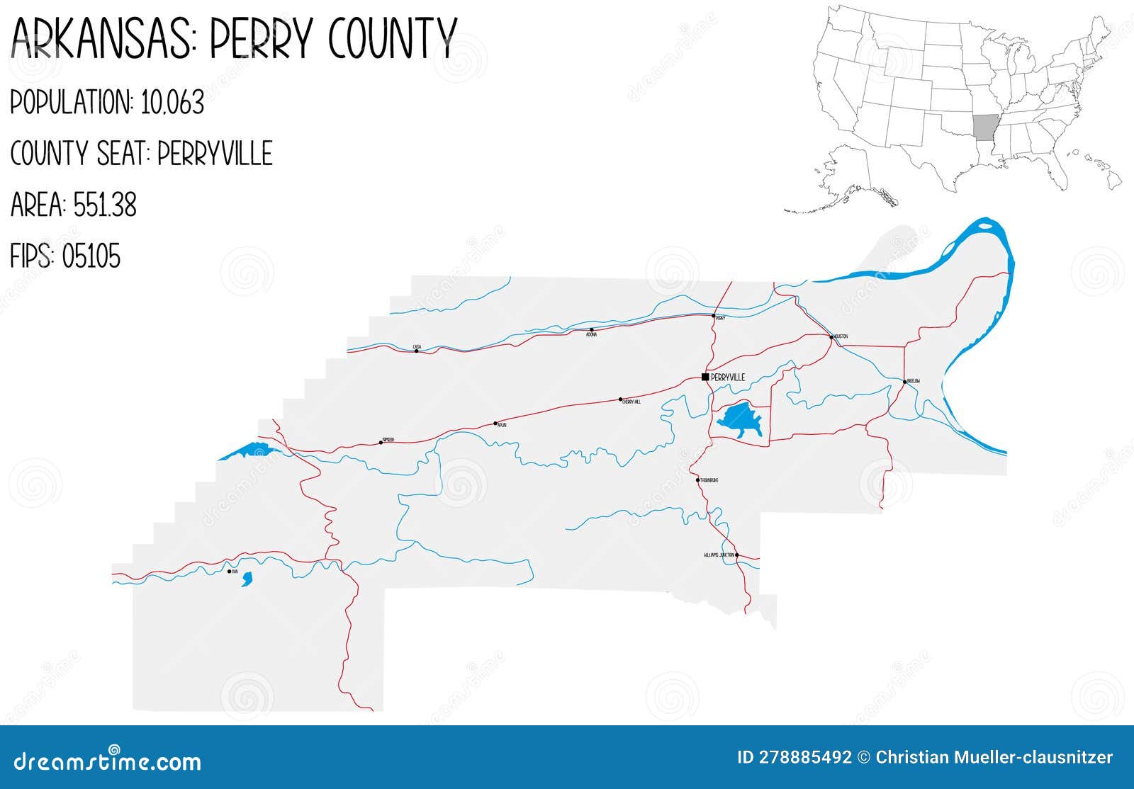 Map of Perry County in Arkansas, USA. Stock Vector - Illustration of ...