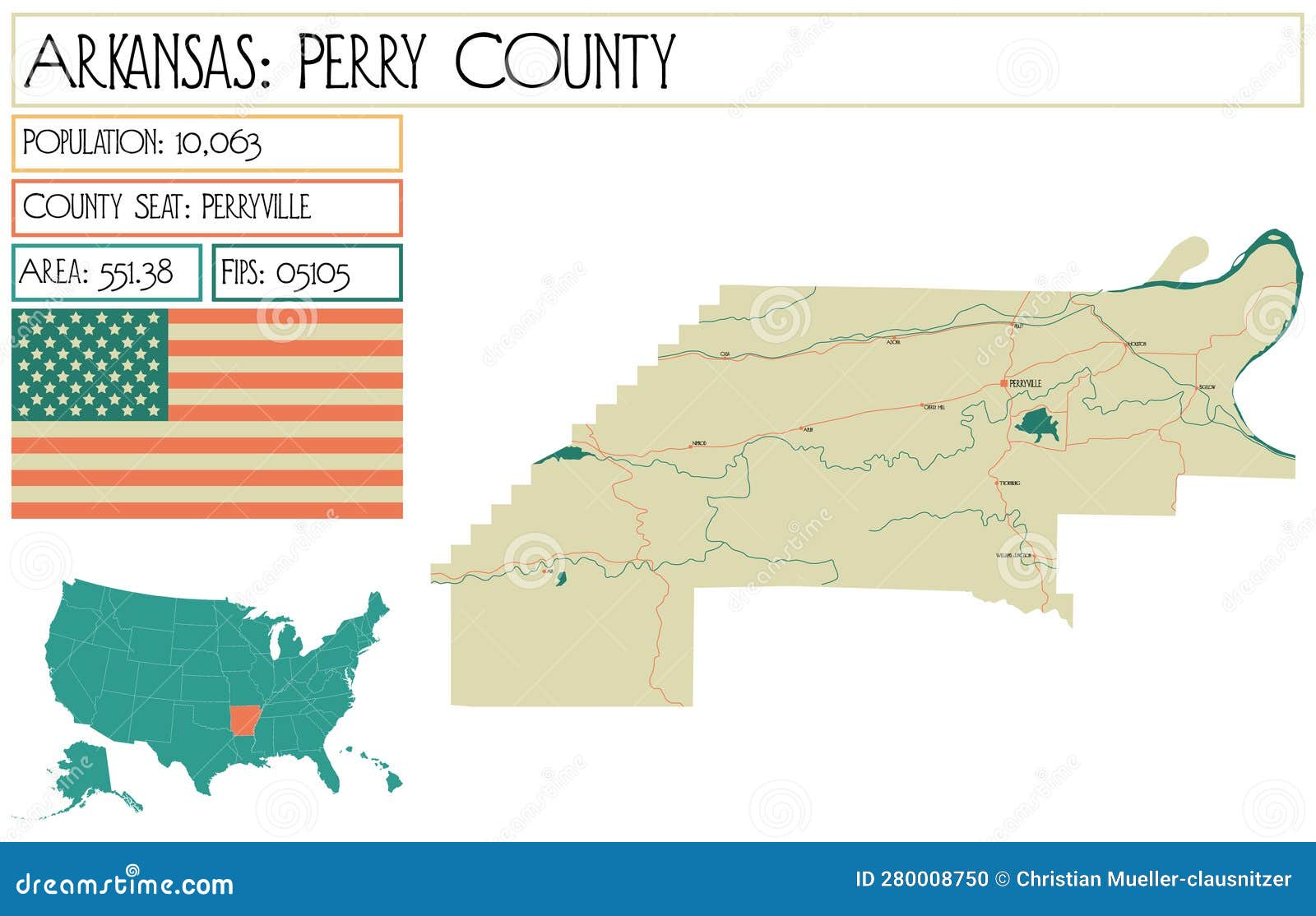 Map of Perry County in Arkansas, USA. Stock Vector - Illustration of ...