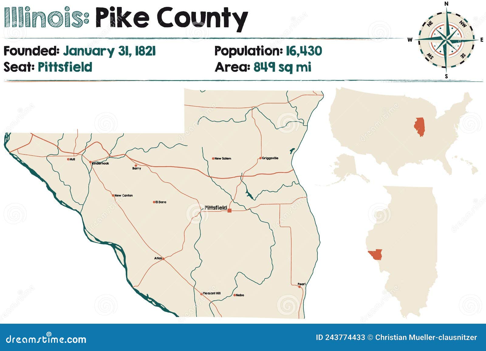Map of Pike County in Illinois Stock Vector - Illustration of green ...