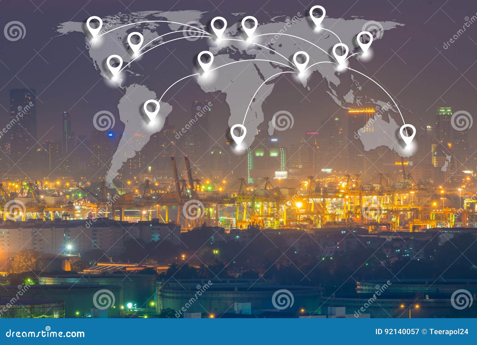 Map Pin Flat Network Conection on World Global Logistics and ...