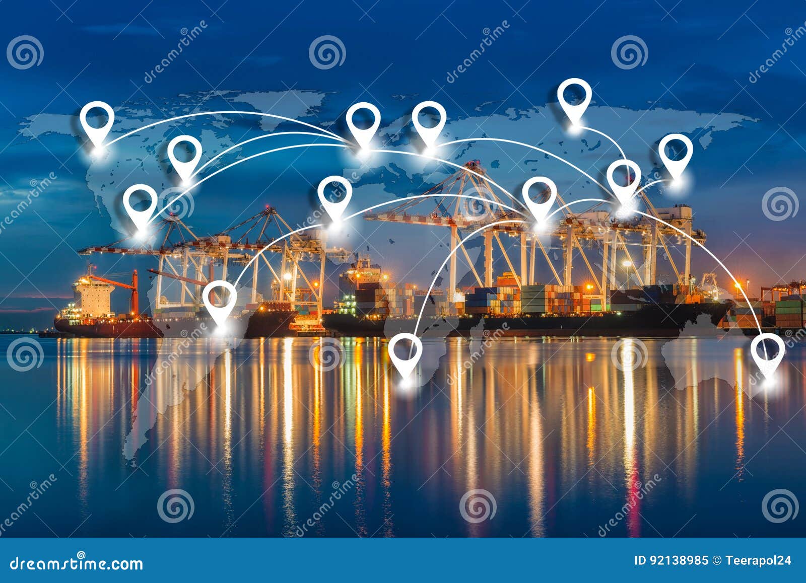 Map Pin Flat Network Conection on World Global Logistics and ...