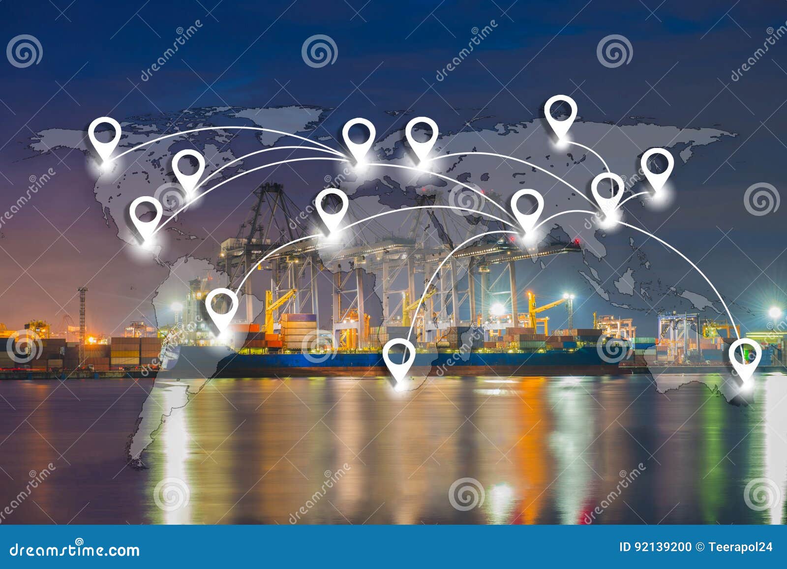 Map Pin Flat Network Conection on World Global Logistics and ...